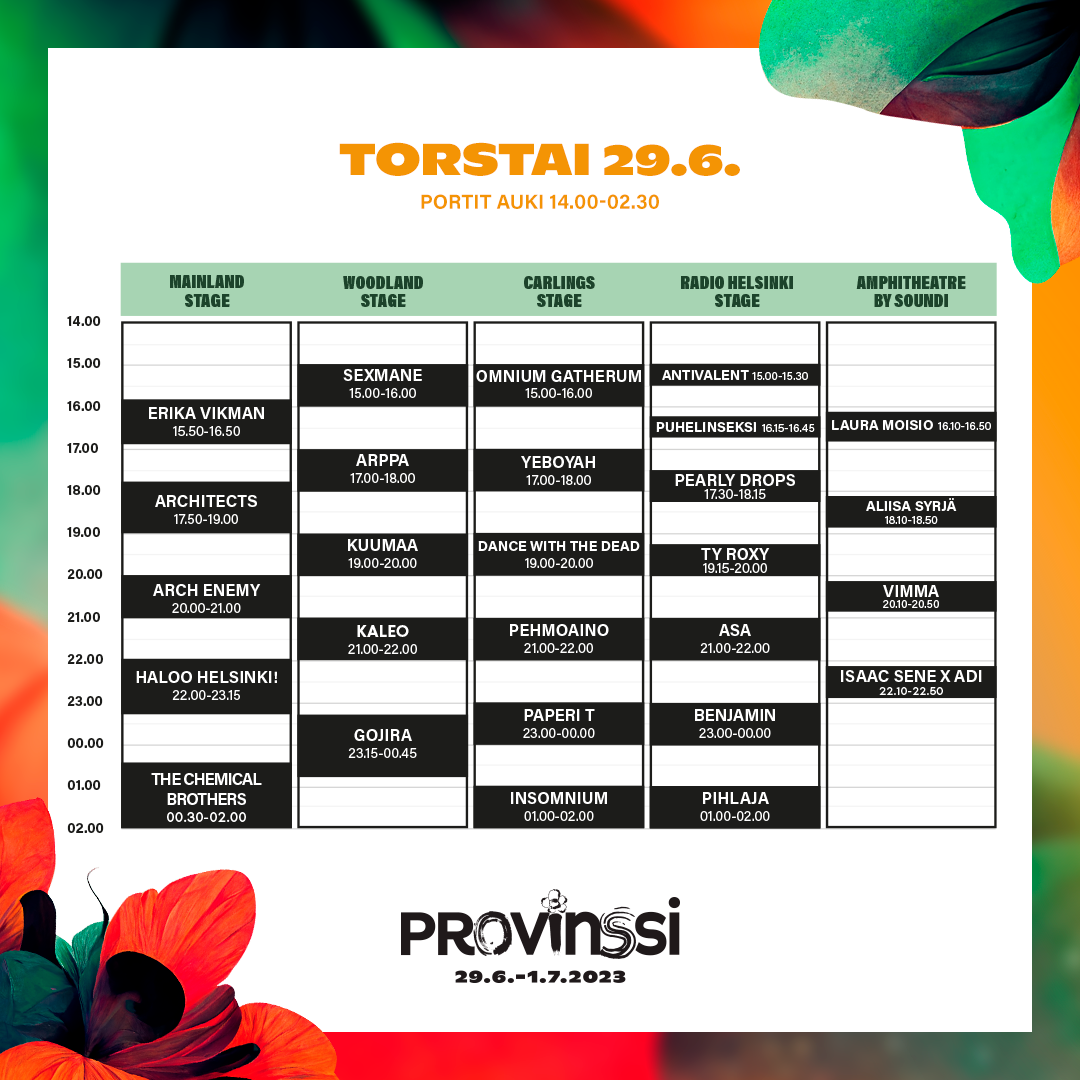 Provinssirock Festival 2023 - Running Order/Timetable