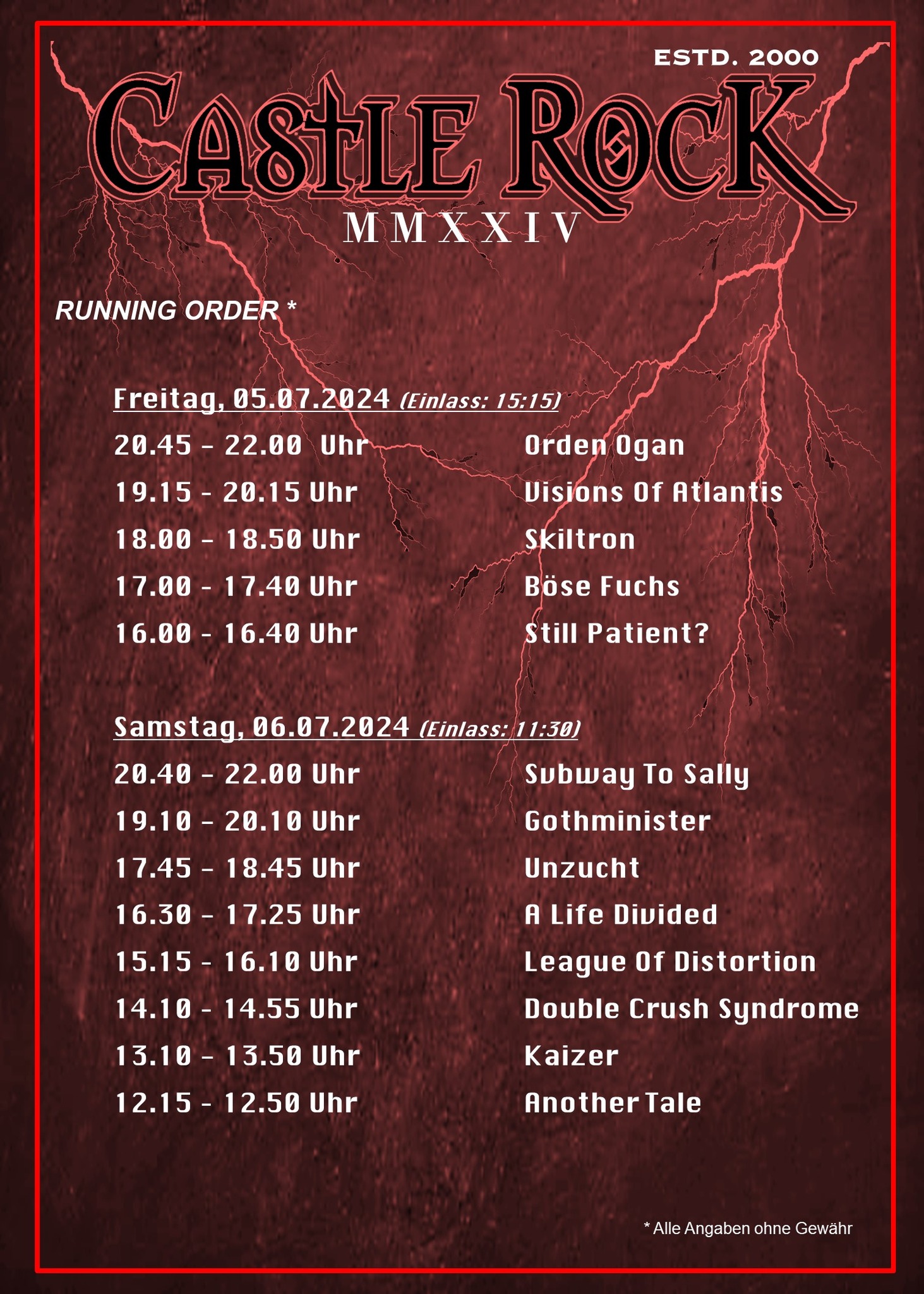 Castle Rock 2024 - Running Order/Timetable